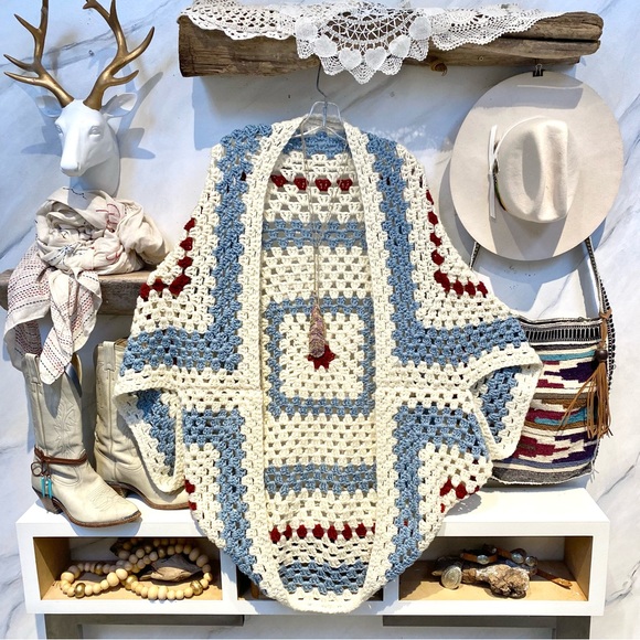 Vintage | Sweaters | Artisan Mega Granny Square Cabin Cocoon Kimono W ...